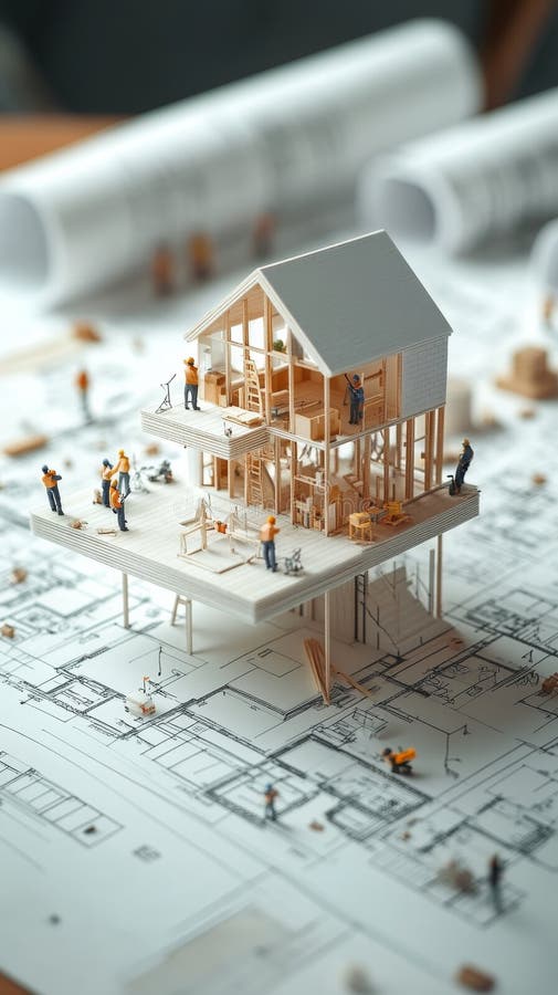 Detailed Miniature Construction of a Wooden House on a Blueprint in a ...