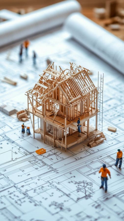 Detailed Miniature Construction of a Wooden House on a Blueprint in a ...
