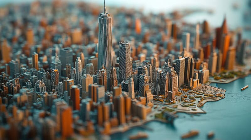 Detailed Miniature Model of a City Skyline at Sunset Stock Illustration ...