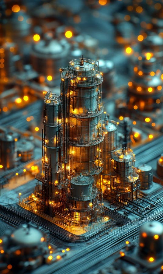 Miniature Industrial Complex with Glowing Structures in a Night Setting ...