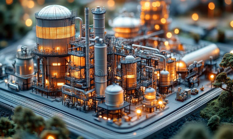 Detailed Miniature Model of a Modern Industrial Complex at Night Stock ...