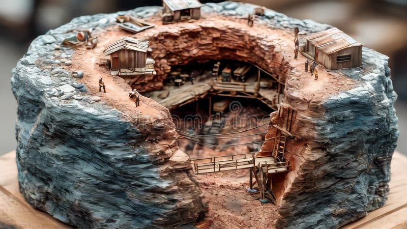 Detailed Miniature Model of an Open-pit Mine Featuring Wooden ...