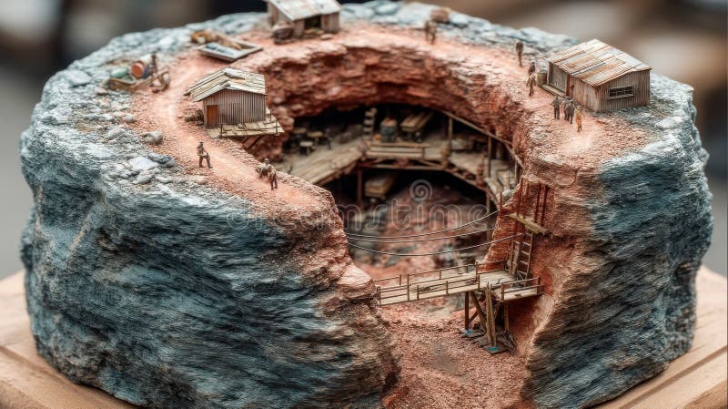Detailed Miniature Model of an Open-pit Mine Featuring Wooden ...