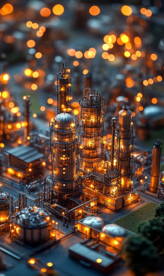 Miniature Industrial Complex Illuminated at Night with Glowing Lights ...