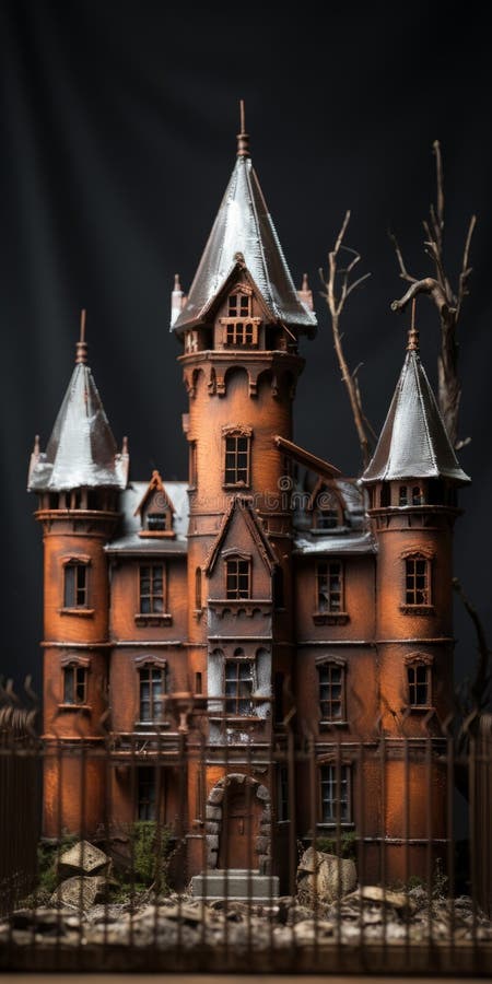 Detailed Miniature of an Old Orange Castle on a Black Background Stock ...
