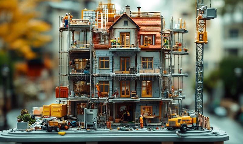 A Detailed Miniature Scene Shows a Multi-story Building Under ...