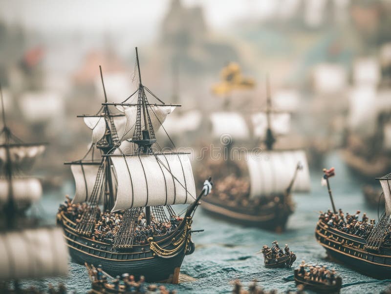 Detailed Miniature Ships Positioned in Battle Formation on the Blue ...