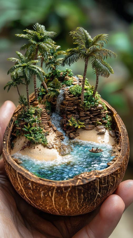 Miniature Tropical Island in a Coconut Shell with Tiny Kayaker Stock ...