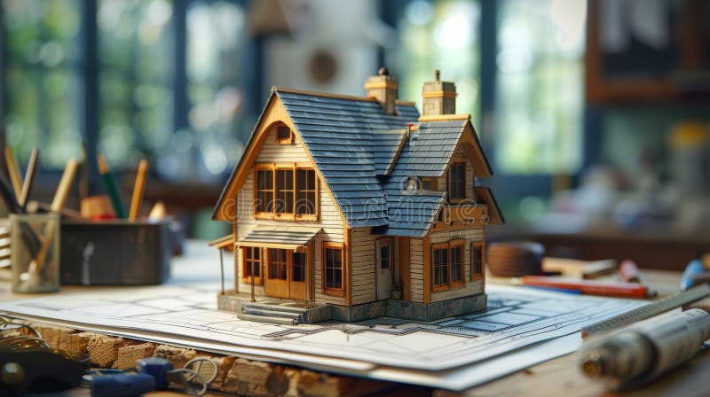 A Detailed Miniature Wooden House Model Sits on a Table with Tools and ...