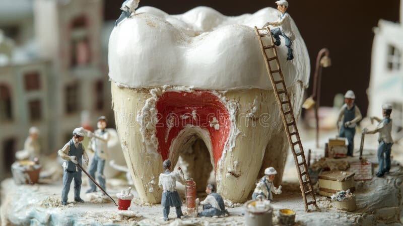 Detailed Miniature Workers Repairing a Tooth Interior in Urban Setting ...