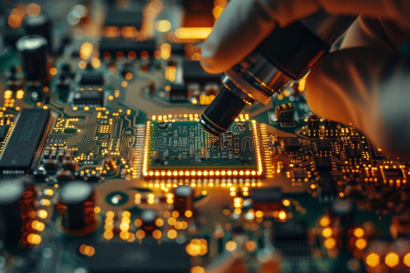 Close-up of a Semiconductor Chip with Microscope in a Tech Lab Stock ...
