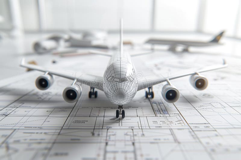 Detailed Model Airplane on Architectural Blueprints Set in a Well-lit ...