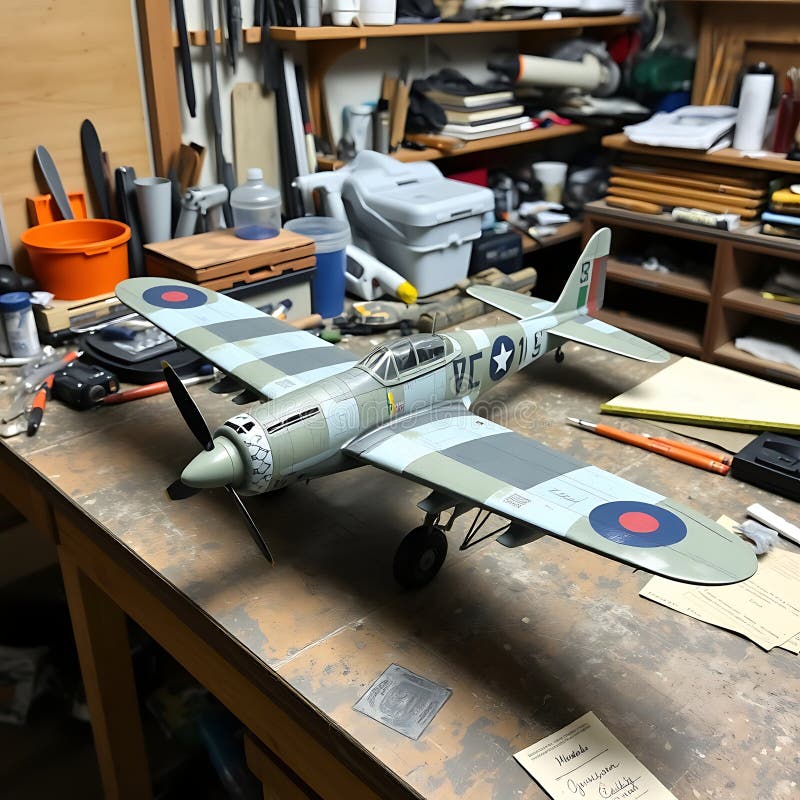 A Detailed Model Airplane Sitting on a Cluttered Workshop Table Stock ...