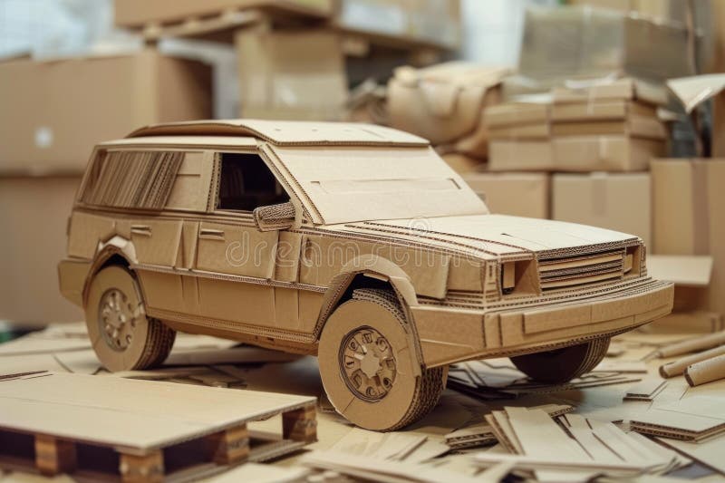 Handcrafted Cardboard Car Model with Background Cardboard Sheets Stock ...