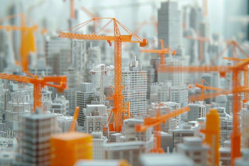 A Detailed Model of a City Featuring Multiple Construction Cranes in ...