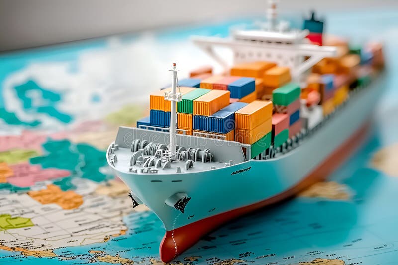 Detailed Model Container Ship on World Map Representing Global Trade ...