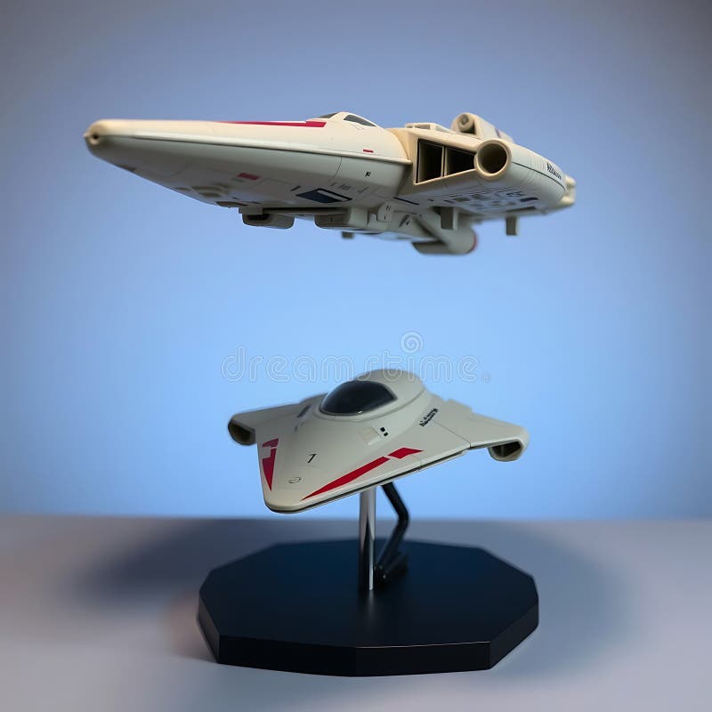 A Detailed Model of a Futuristic Spaceship Hovering on a Display Stand ...