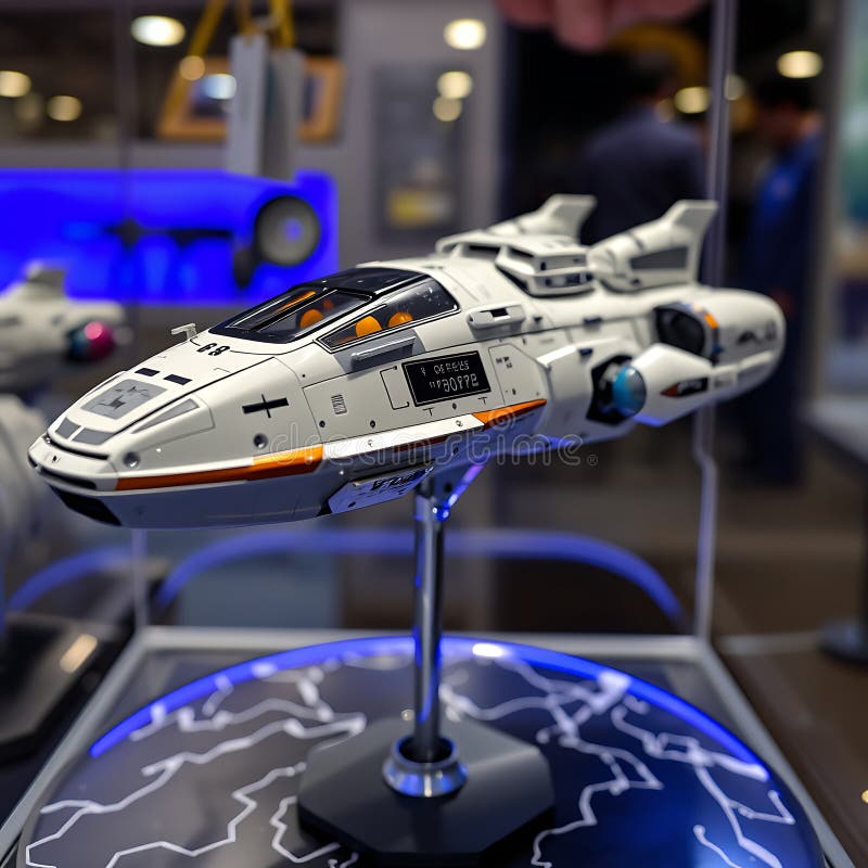 A Detailed Model of a Futuristic Spaceship Hovering on a Display Stand ...