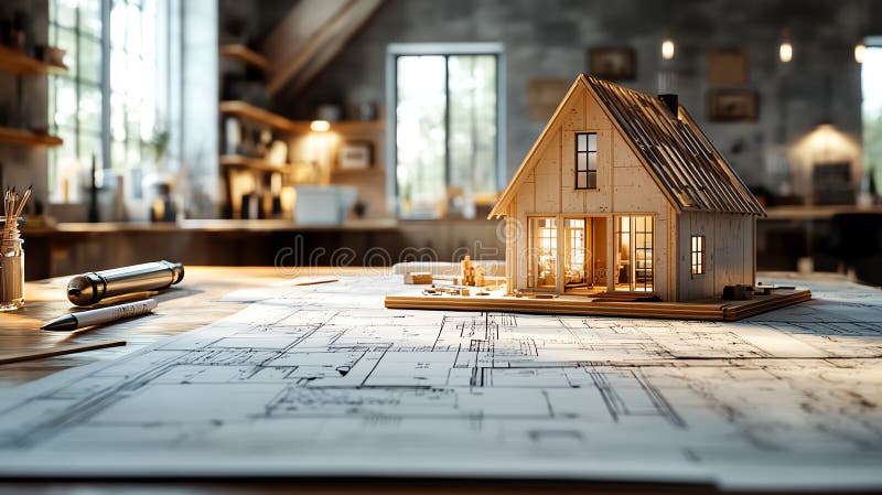 Detailed Model House on Blueprints in a Well-lit Architectural ...