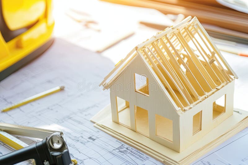 Model House Construction on Blueprints with Tools and Sunlight Stock ...