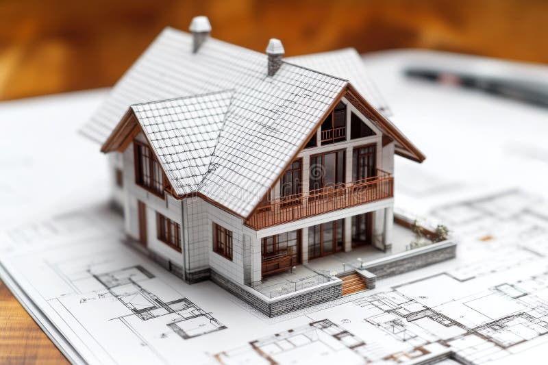 Model House on Architectural Plans Showcasing Detailed Design Elements ...
