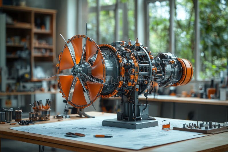 A Detailed Model of a Jet Engine Sits on a Table with Blueprints, Tools ...