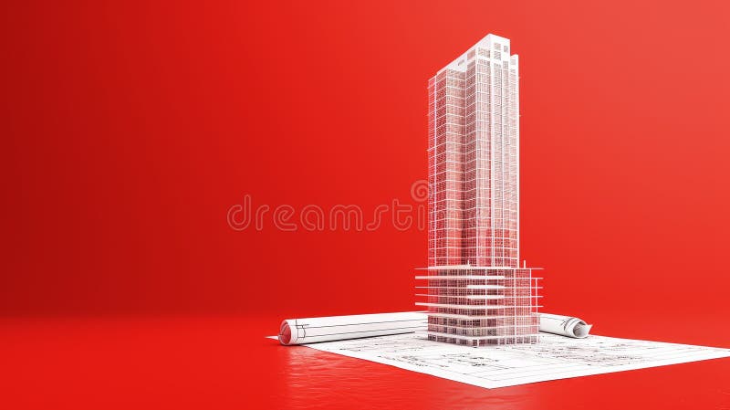 Architectural Skyscraper Model with Blueprints on Red Background Stock ...