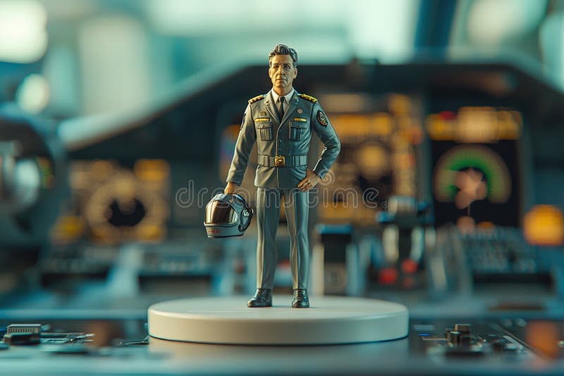 Model Pilot Figure Stands in a Cockpit with an Engaging Background of ...