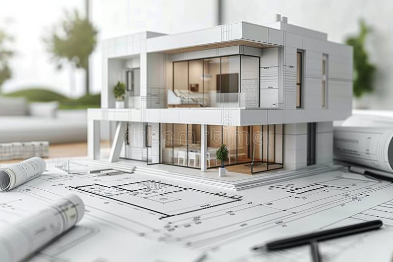 Detailed Model of a Small House with Drafting Tools and a Laptop Stock ...