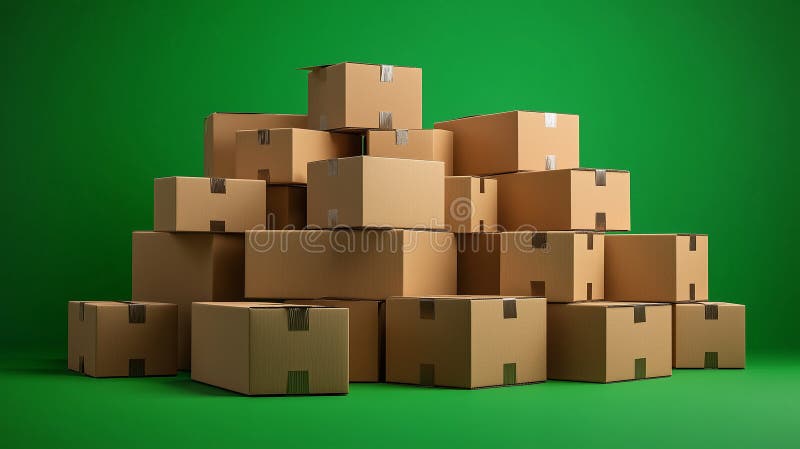 Detailed Model of Stack of Brown Cardboard Boxes on Green Background ...