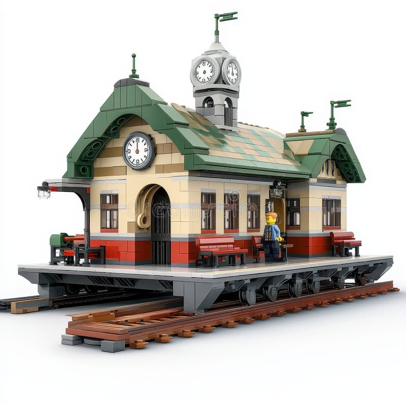 A Detailed Model of a Vintage Train Station with a Clock Tower and Seating Areas Stock ...