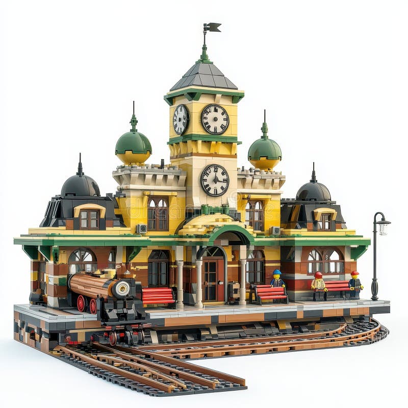 A Detailed Model of a Vintage Train Station with a Clock Tower and Surrounding Tracks Stock ...