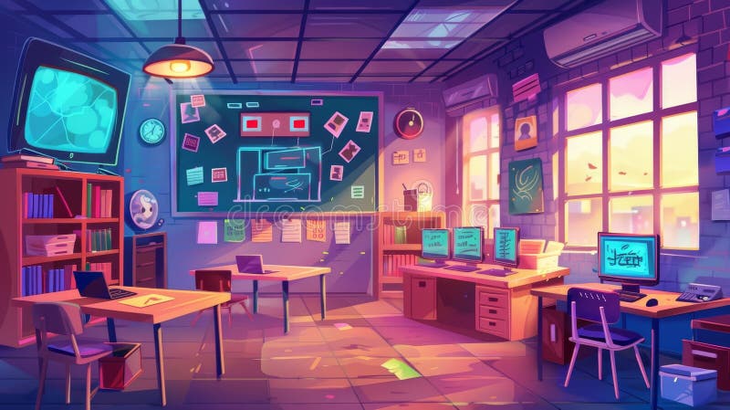 Detailed Modern Illustration of a Computer Science Classroom with a Teacher and Student. Various ...