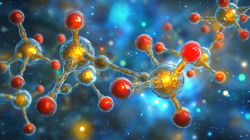Detailed Molecular Structure with Red and Gold Spheres on a Blue and ...