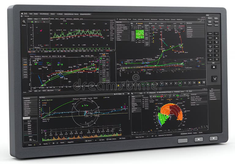 Detailed Monitor View Displaying Complex Data Visualizations on a White ...