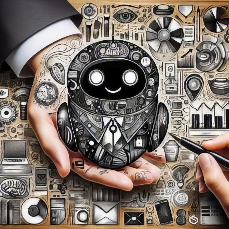 A Detailed, Monochromatic Illustration of a Robot in a Suit, Held by a ...