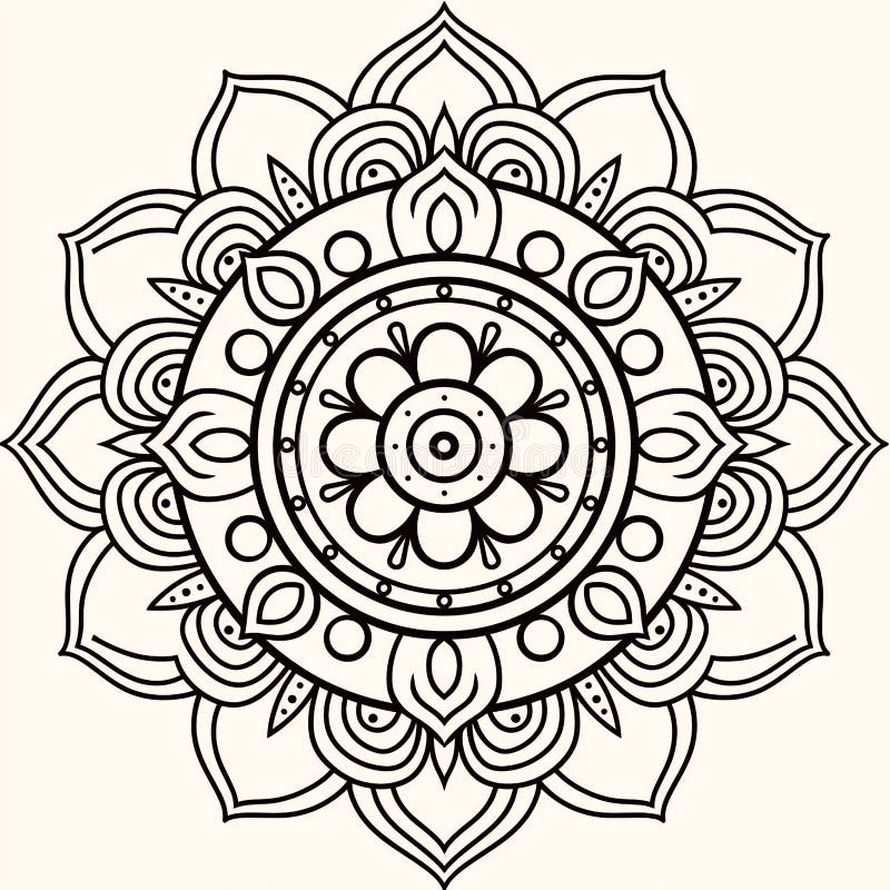 A Detailed, Monochromatic Line Drawing of a Symmetrical Mandala ...