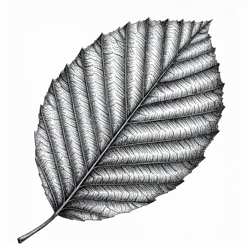 Detailed Monochrome Drawing of a Beech Leaf with Veins on White ...