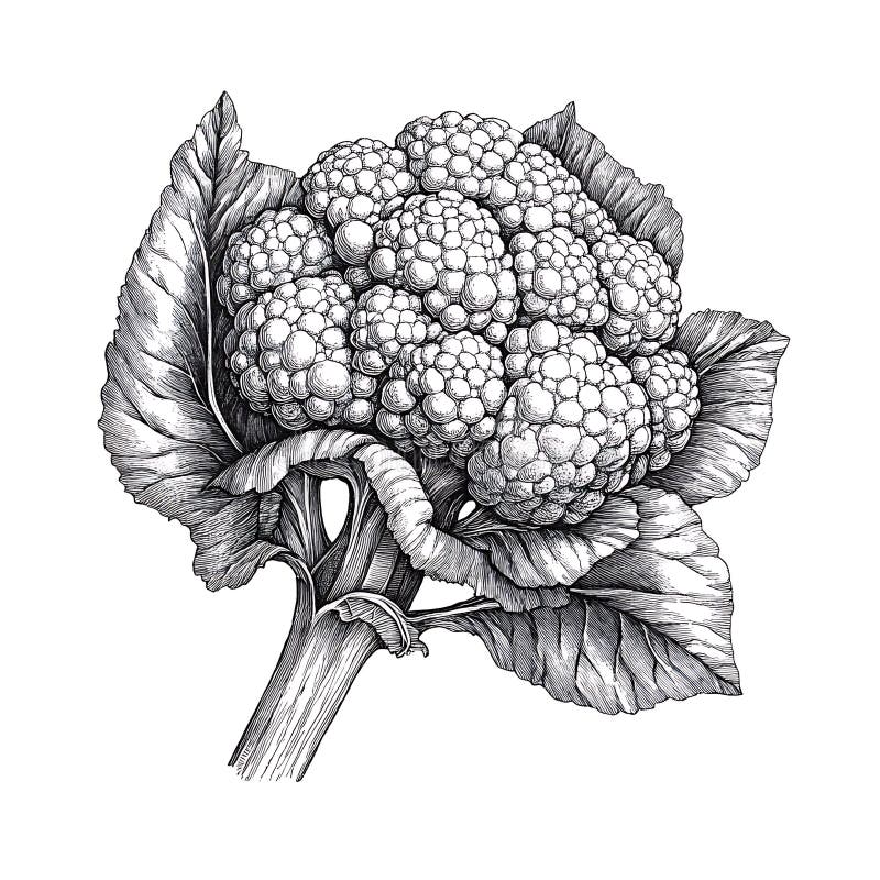 Detailed Monochrome Drawing of Cauliflower Ink Scketch Stock ...