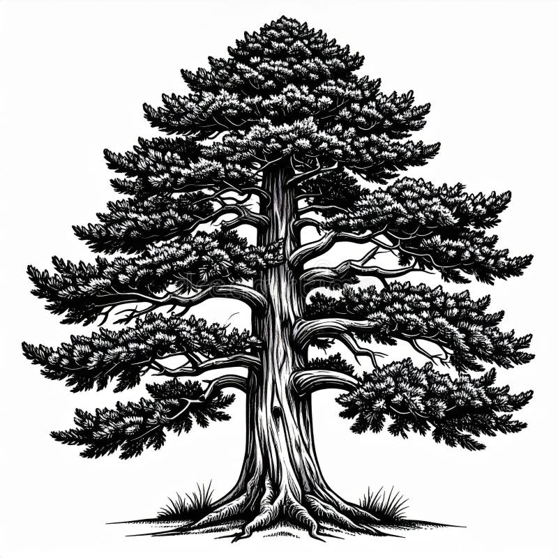 Detailed Monochrome Drawing of a Pine Tree with Dense Branches and Trunk Stock Illustration ...