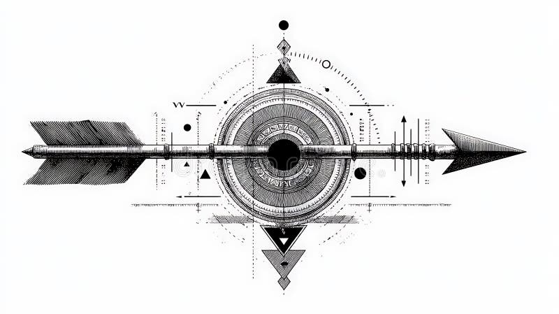 A Detailed Monochrome Illustration Features a Stylized Arrow Passing ...