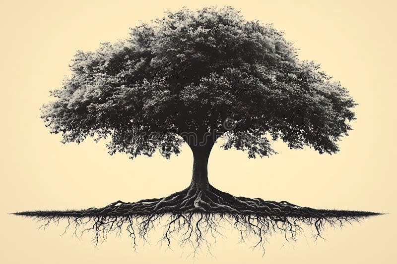 Detailed Monochrome Tree with Extensive Root System Isolated on a Cream ...