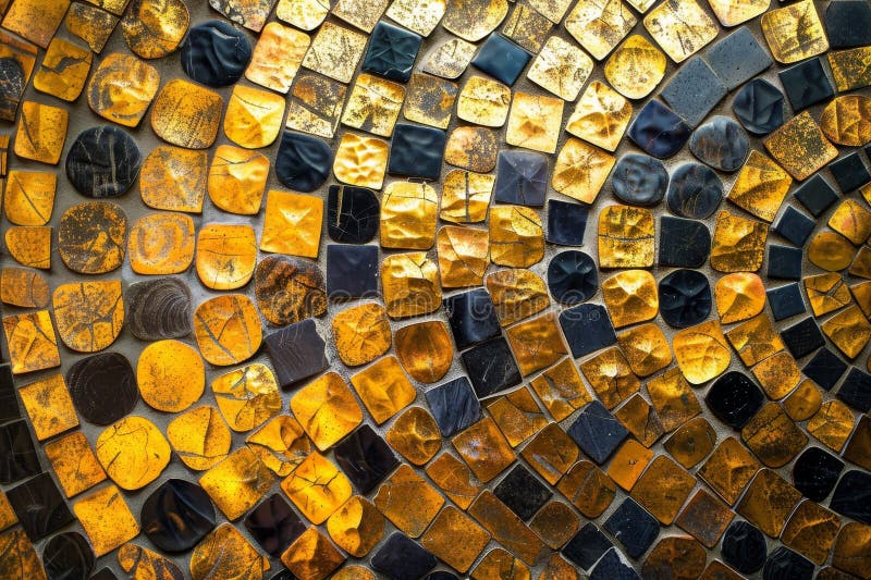 A Detailed Mosaic Wall Adorned with Shimmering Gold and Black Tiles ...