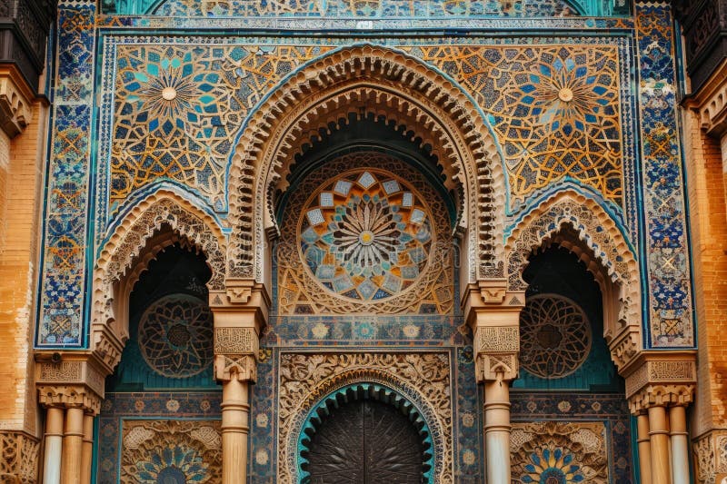 A Detailed Mosque Featuring Intricate Blue and Gold Tile Work, an ...