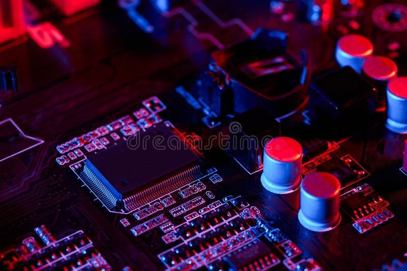 Detailed Motherboard Circuitry in Red and Blue Stock Photo - Image of ...