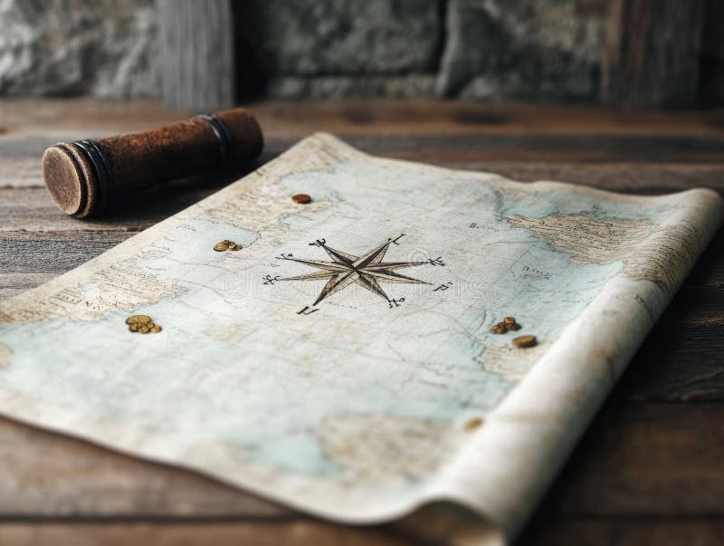 A Detailed Nautical Map Featuring a Compass Rose is Spread Out on a ...