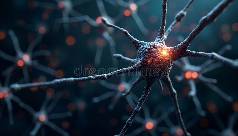 Detailed Neuron Cells Network with Orange Light on Dark Blue Background ...