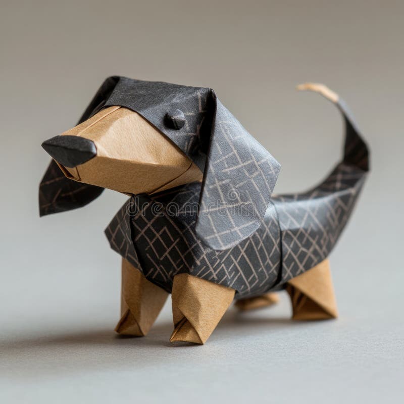 A Detailed Origami Representation of a Dachshund Crafted from Two Types ...