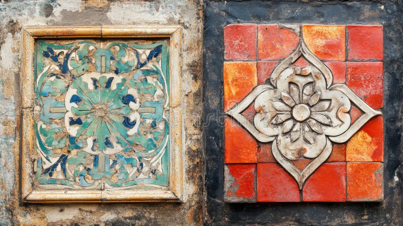 Detailed Ornamental Tile Patterns on a Worn Wall Stock Illustration ...