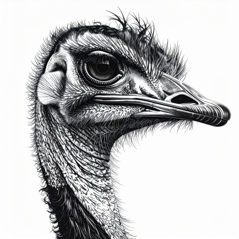 Detailed Ostrich Head Drawing in Black and White Stock Illustration ...